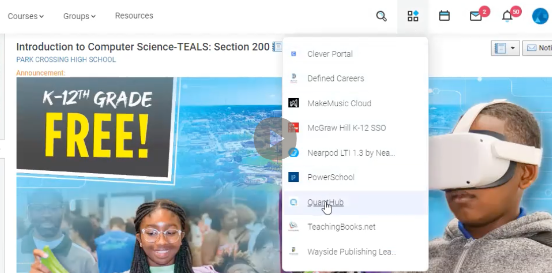 How do I use the QuantHub App in Schoology as a Teacher?